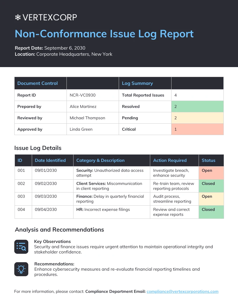 Modèle de journal des problèmes NCR - Venngage