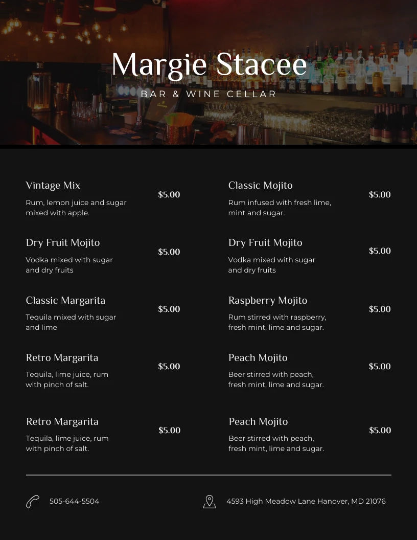 Black Simple Bar Menu - Venngage
