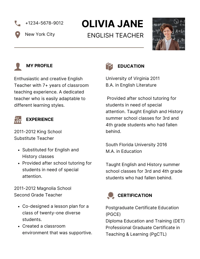 White Brown English Profile Teacher Resume Format Template - Venngage