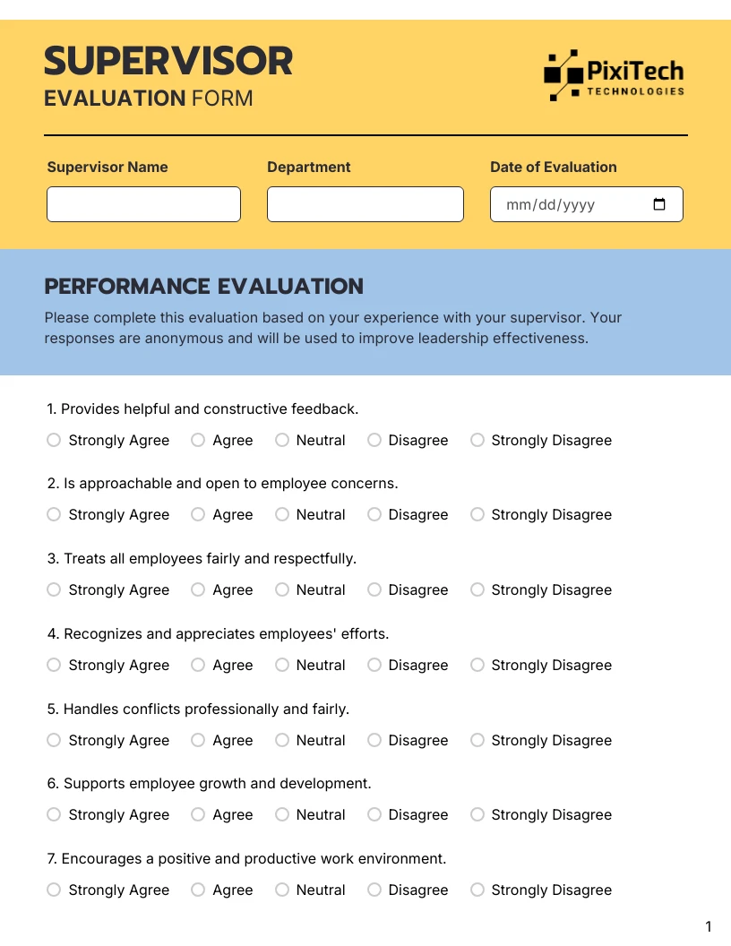 Simple Yellow and Blue Supervisor Evaluation Forms - Venngage