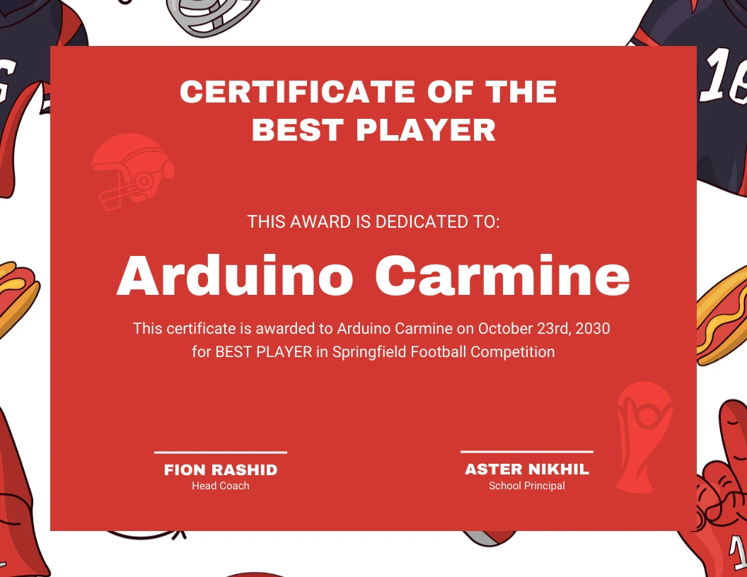 White Red Football Sport Certificate of The Best Player Template - Venngage