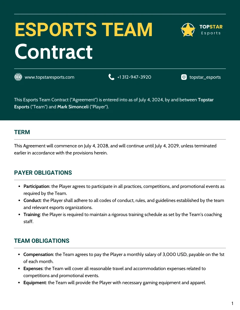 Modèle de contrat d’équipe Esports - Venngage