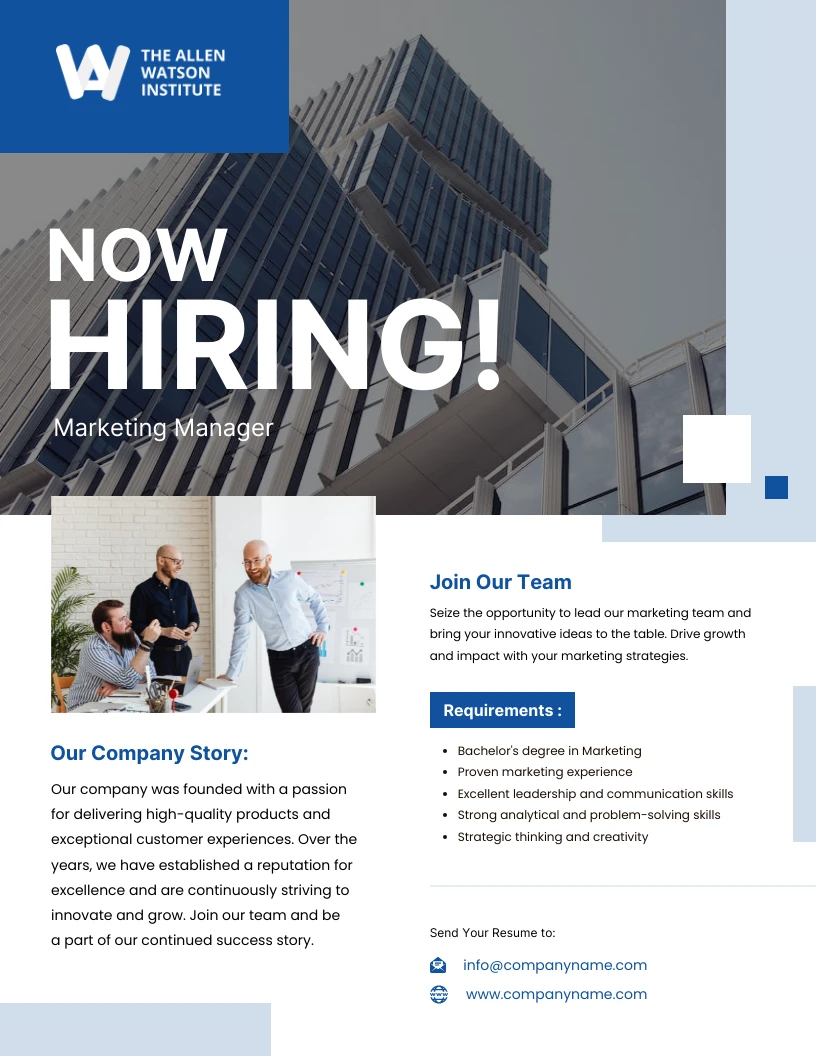 Blue and White Marketing Manager Hiring Poster - Venngage