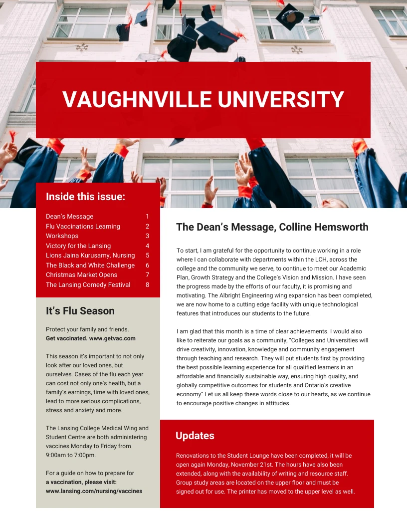 Modern Red University Newsletter Example Template - Venngage