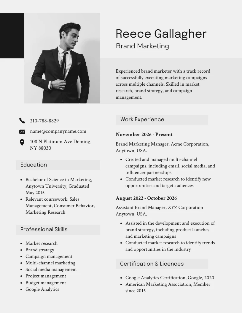 Black Grey Brand Marketing Resume Template - Venngage