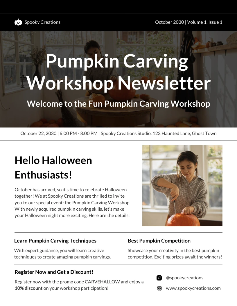 Pumpkin Carving Workshop Newsletter Template - Venngage