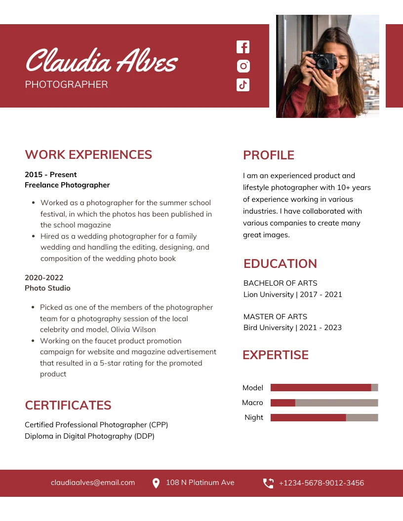 Red White Bold Photographer Resume Template - Venngage