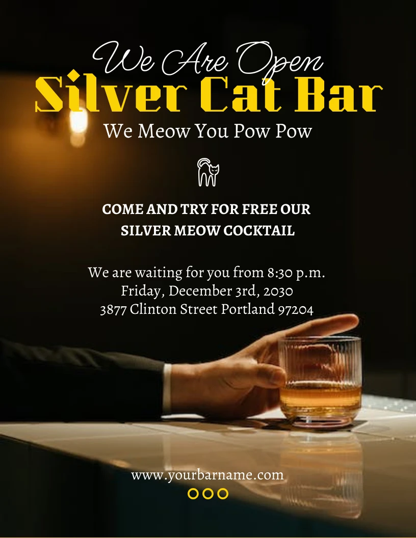 Folheto de abertura de bar moderno preto - Venngage