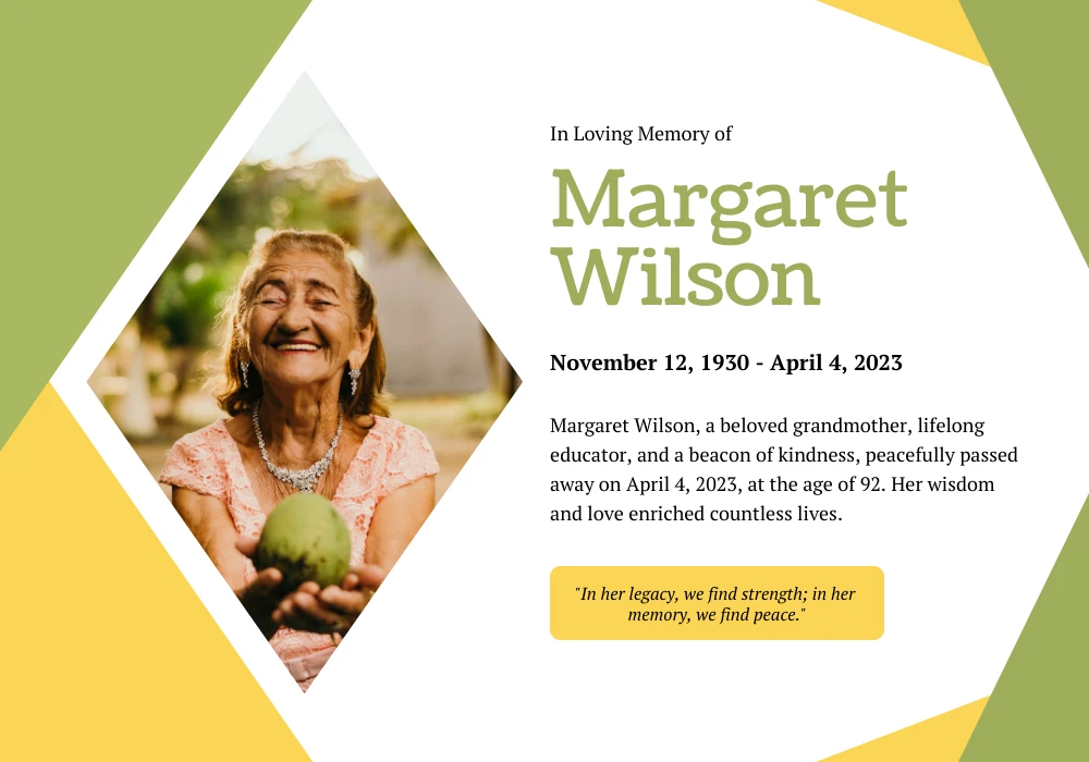 Green And Yellow Modern Geometric Obituary Cards - Venngage