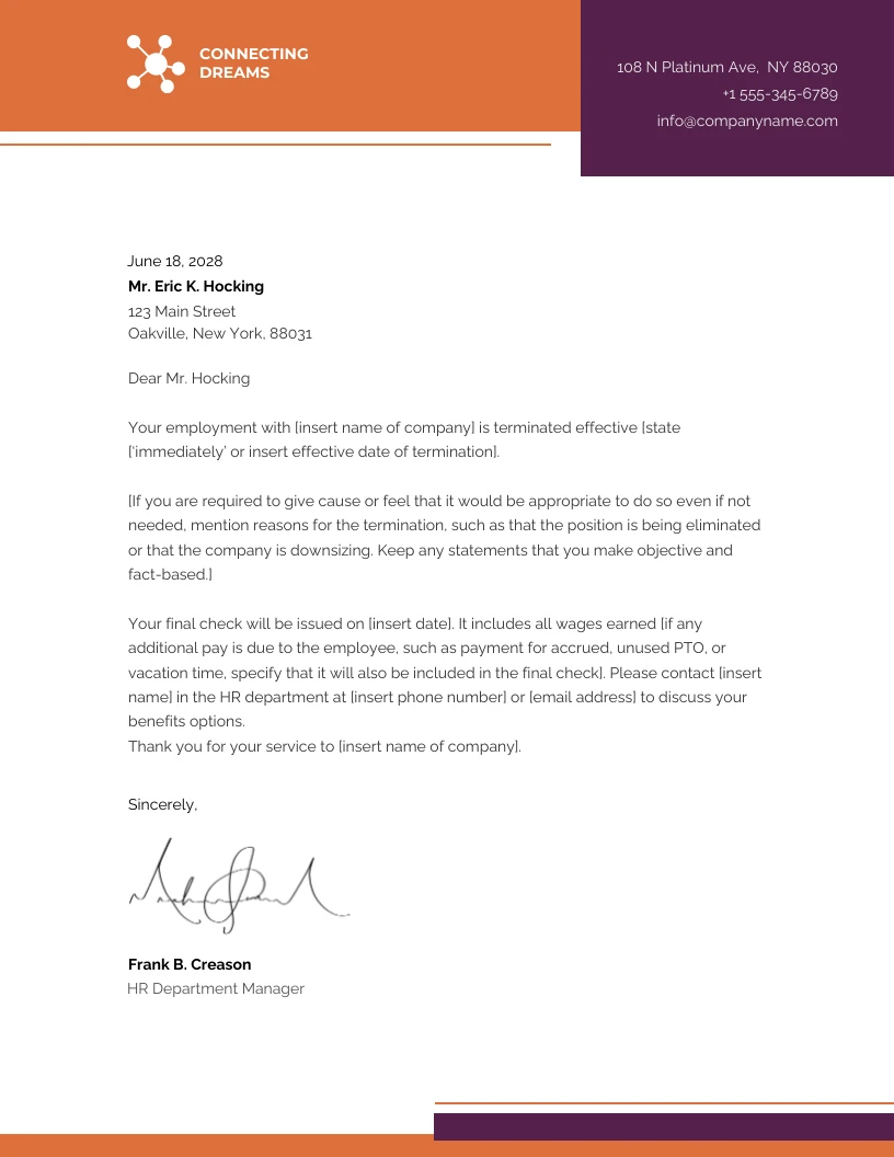 White, Orange & Purple Termination Letter - Venngage