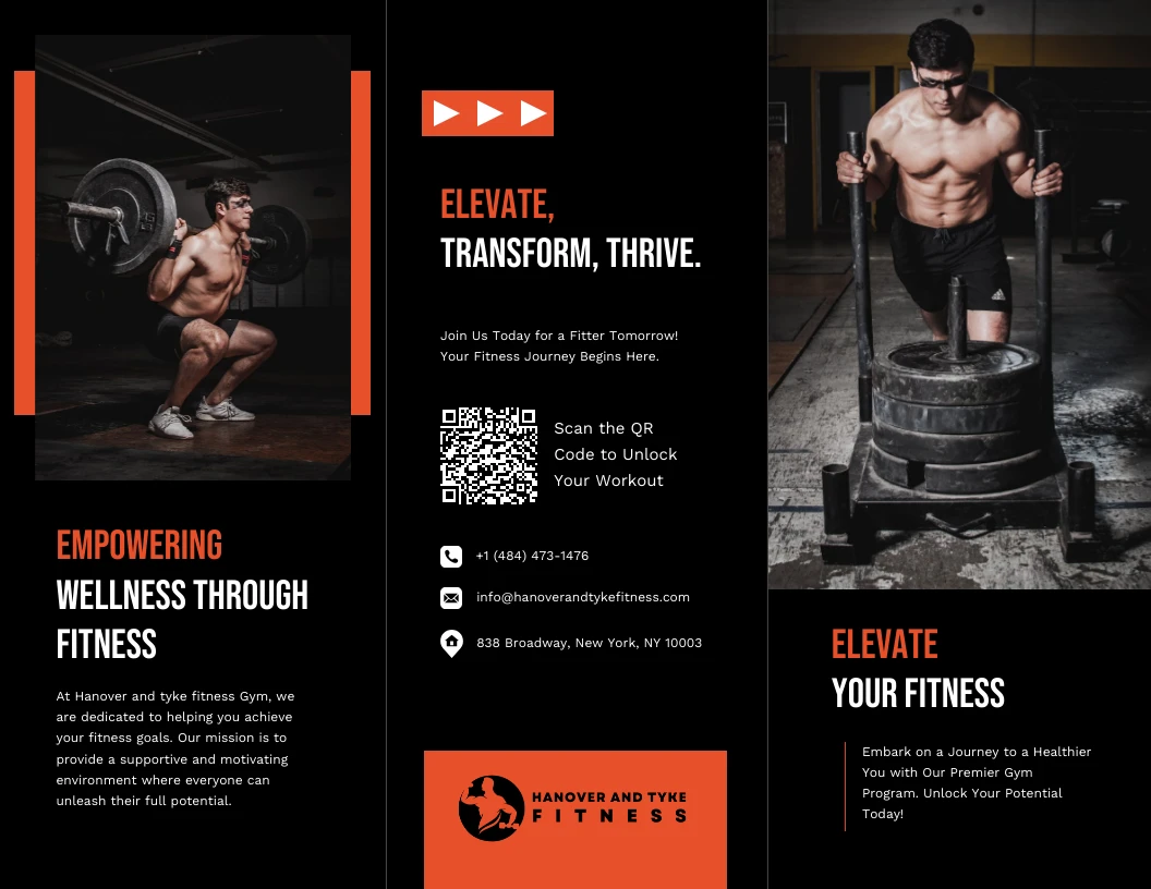 Black White Orange Gym Tri Fold Brochure Template - Venngage