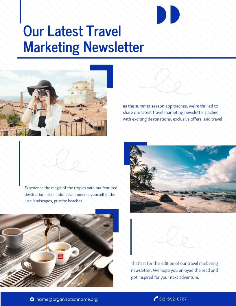 Blue Travel Marketing Newsletter Template - Venngage
