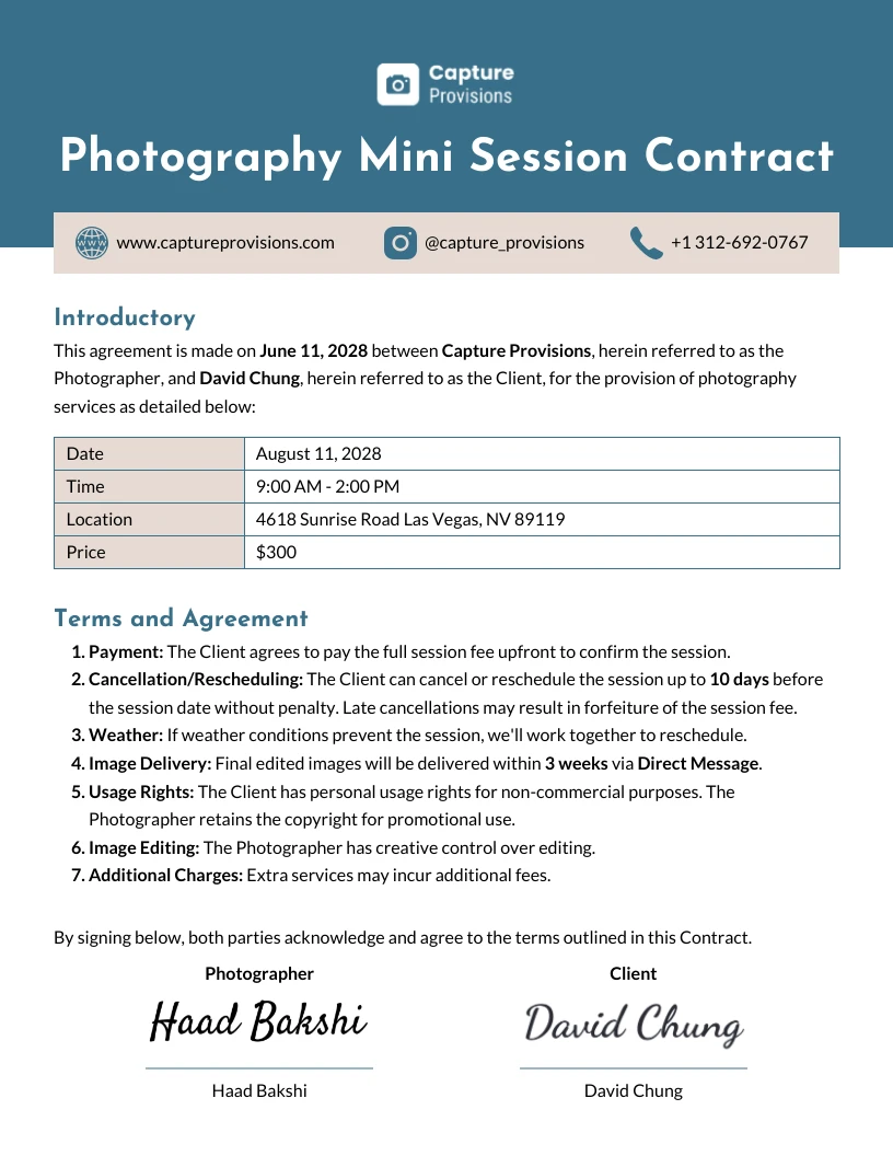 Photography Mini Session Contract - Venngage
