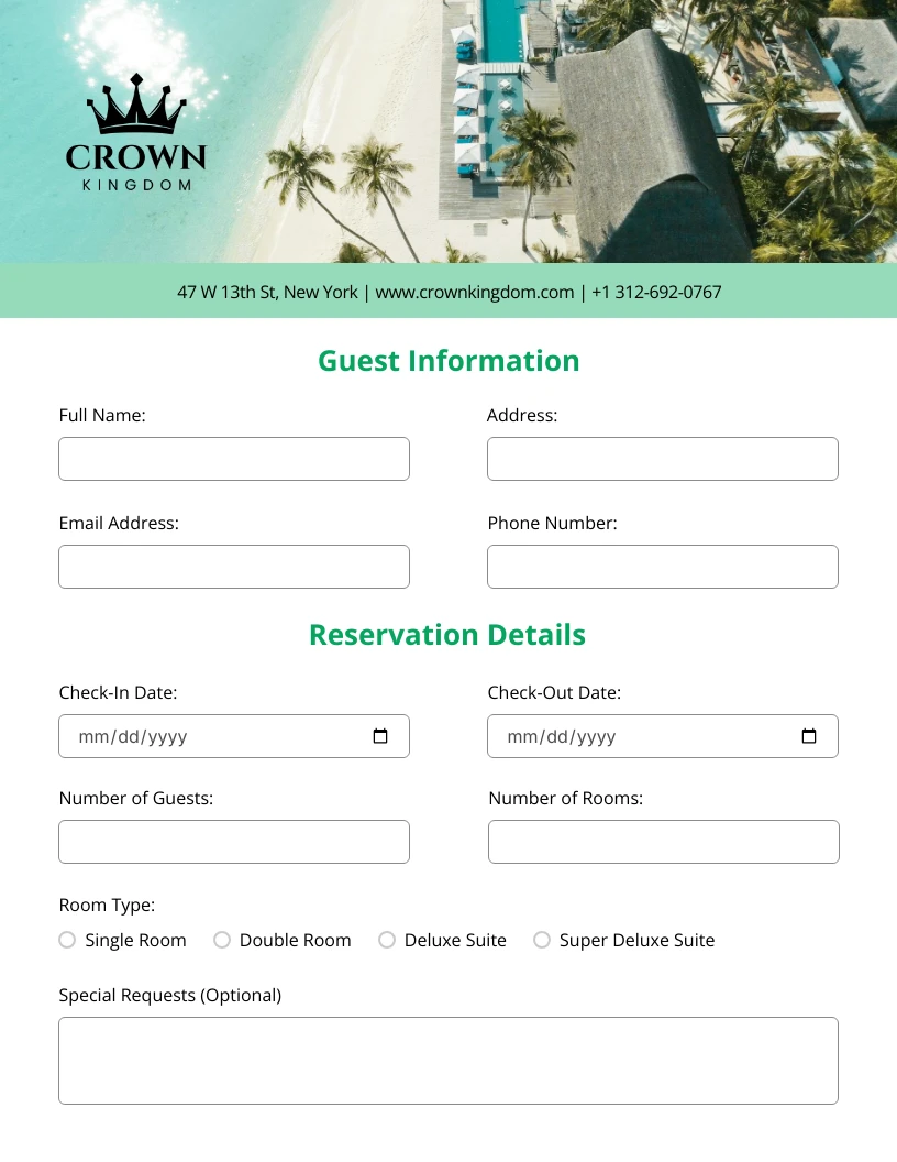 Formulario de reserva de hotel minimalista verde - Venngage