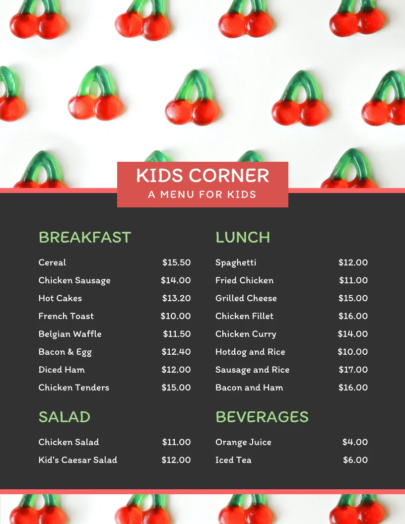 Black Modern Kids Menu - Venngage