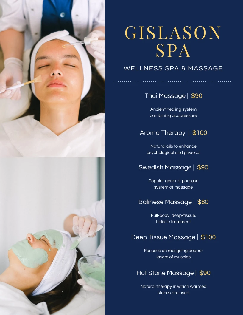 Navy Minimalist Spa Menu - Venngage