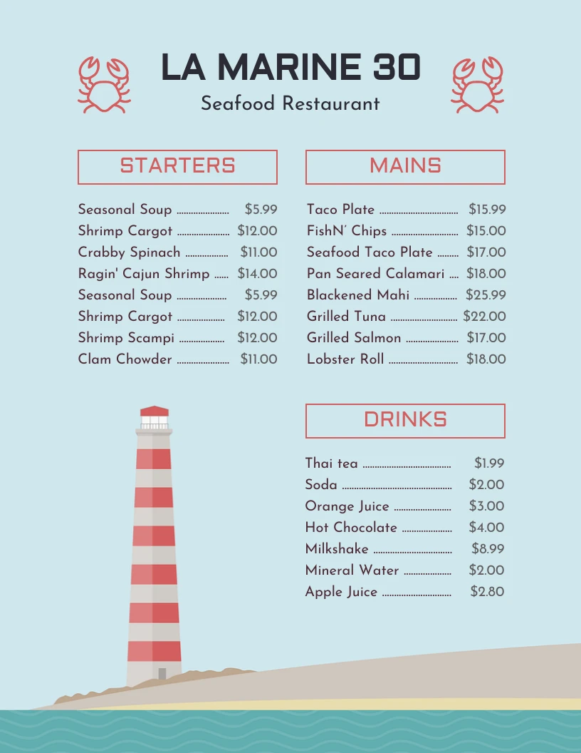 Light Blue Minimalist Illustration Seafood Menu - Venngage