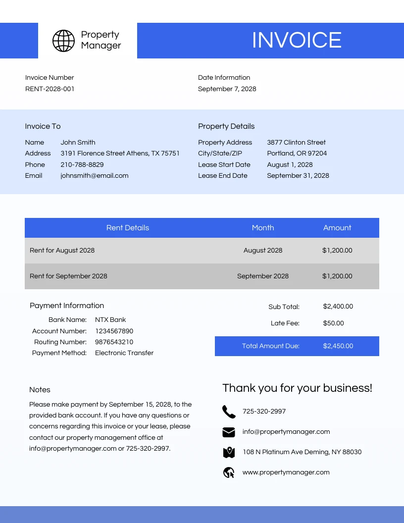 Blue Rental Property Manager Invoice Template - Venngage