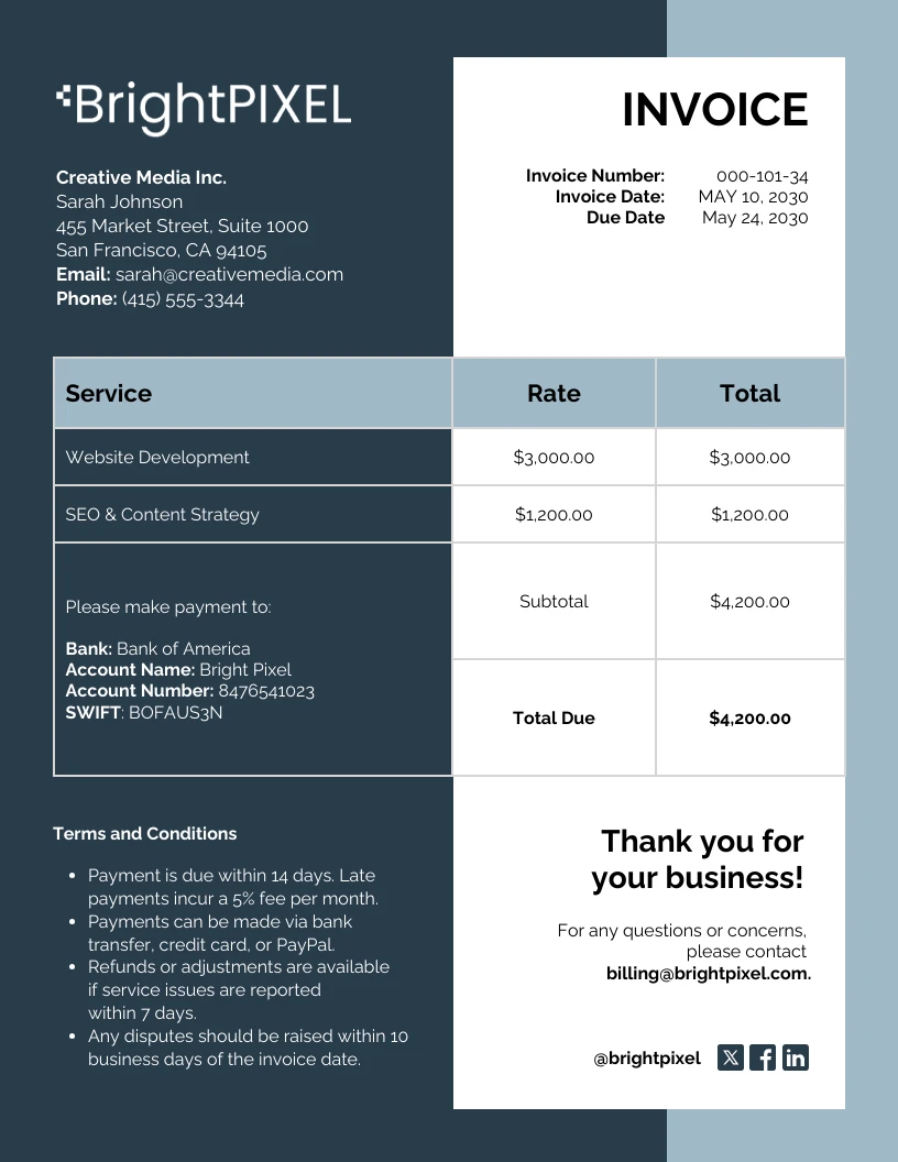 Commercial Service Invoice Table Chart - Venngage