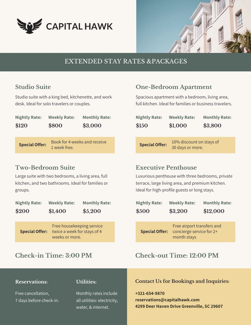 Hotel Extended Stay Price List Template - Venngage