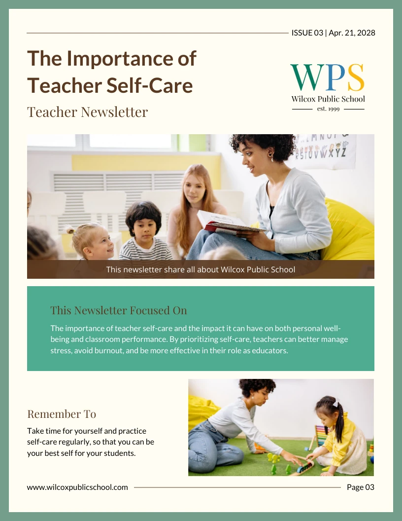Sage Green Teacher Self Care Newsletter Template - Venngage