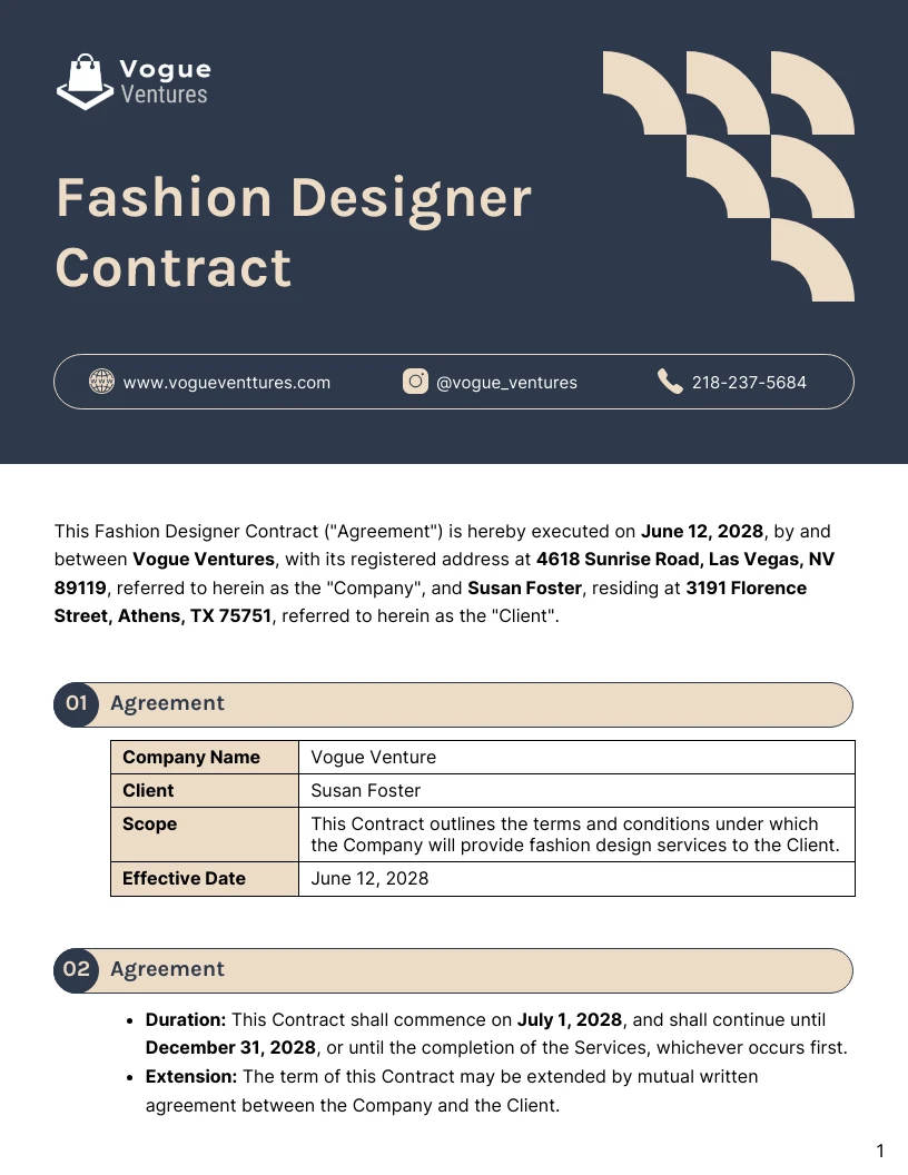 Plantilla de contrato de diseñador de moda - Venngage