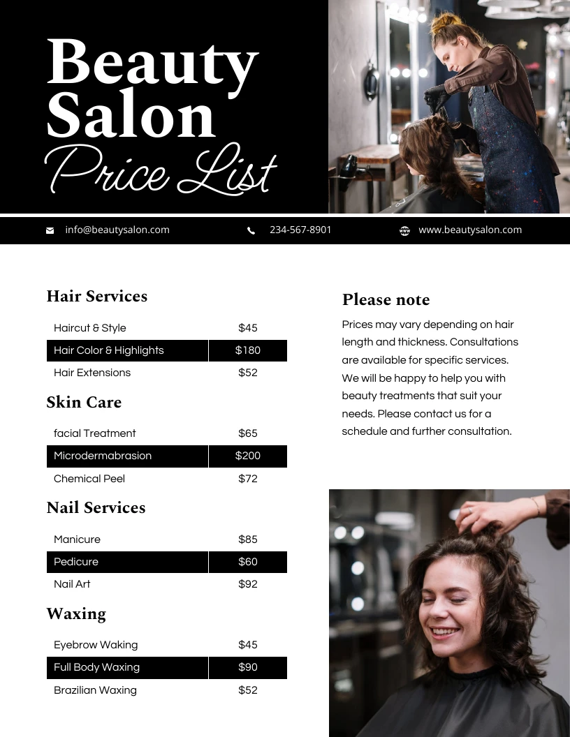 Elegant Black White Beauty Salon Price List Template - Venngage
