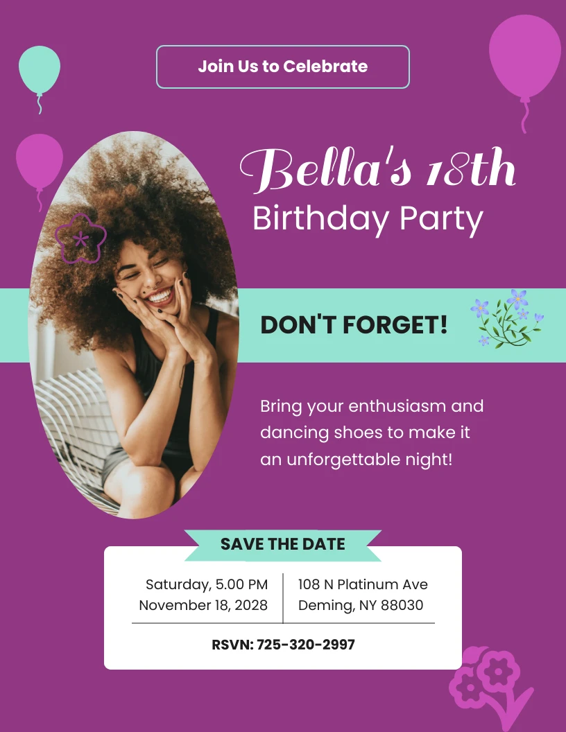 fun-purple-cyan-minimalist-18th-birthday-invitation-venngage