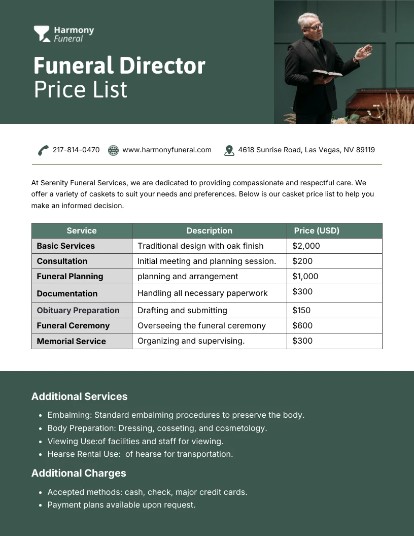 Funeral Director Price List Template - Venngage