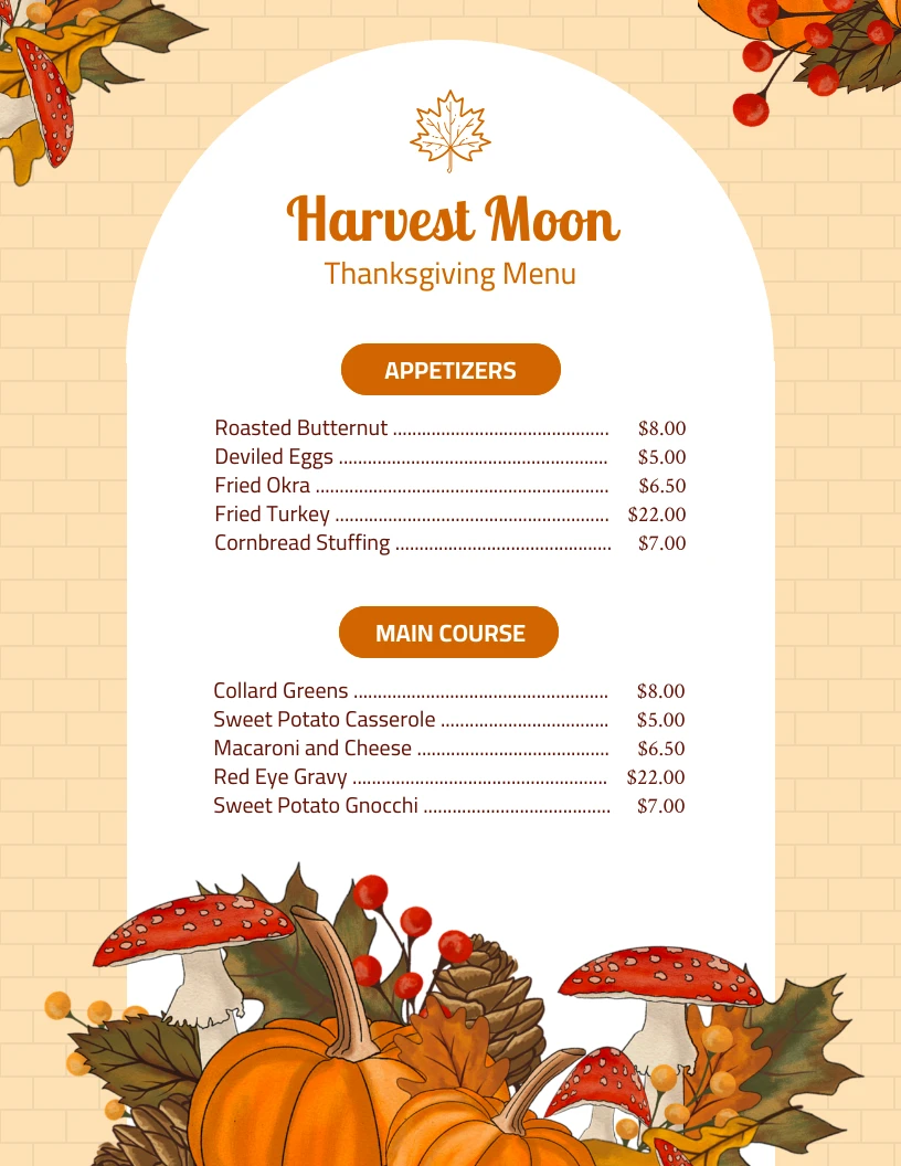 Yellow Modern Illustration Thanksgiving Menu - Venngage