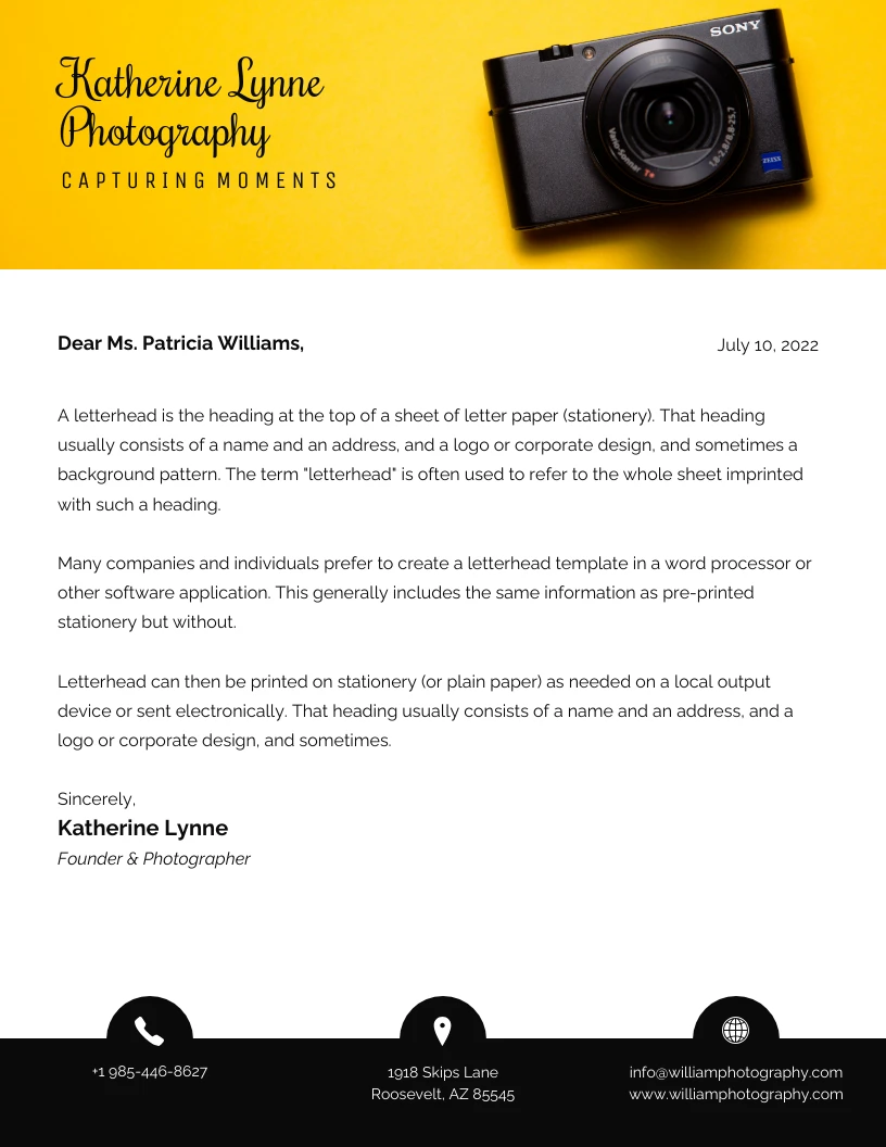 Yellow Photography Letterhead - Venngage