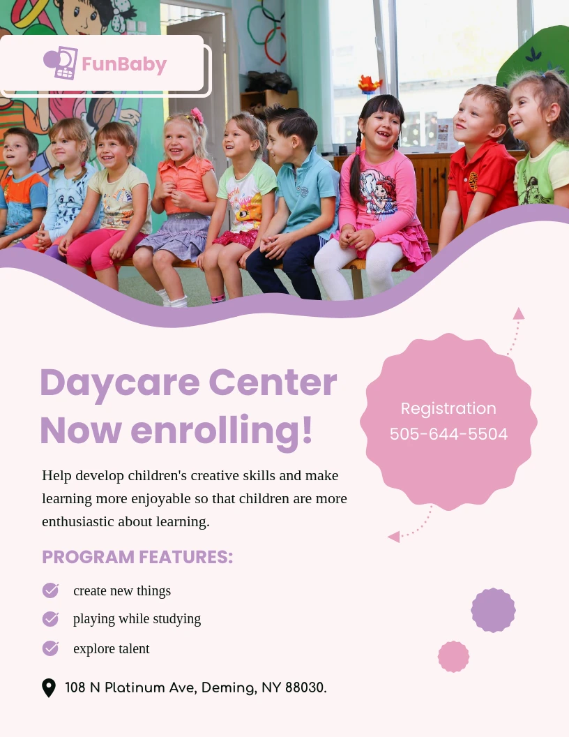 Carousel Pink Daycare Center Enrollment Flyer Template - Venngage