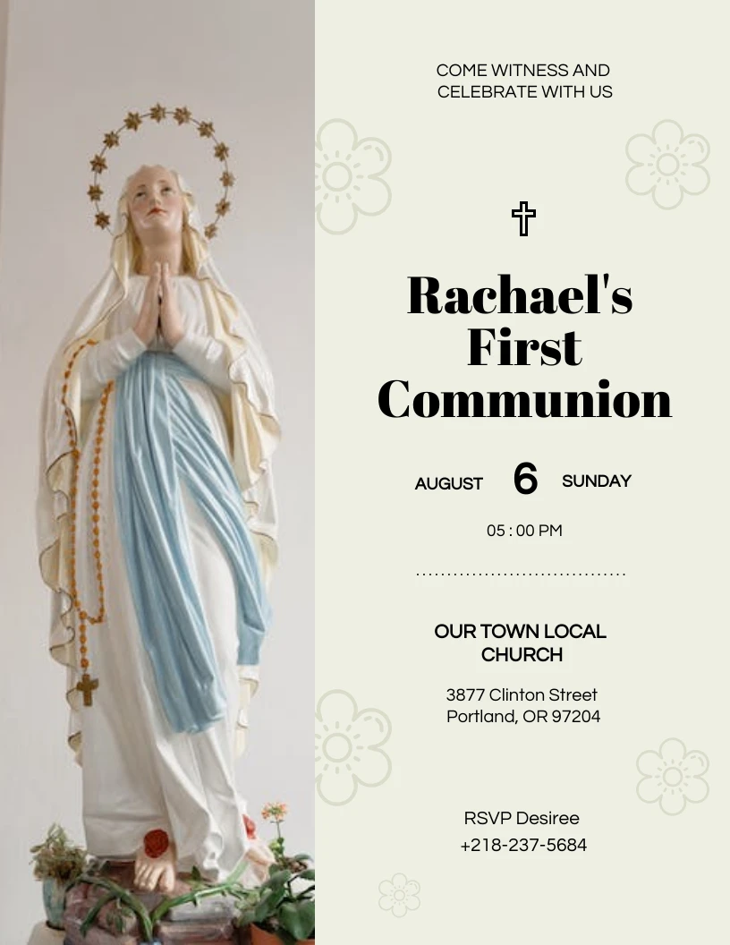 Cream Floral Simple First Communion Invitation - Venngage