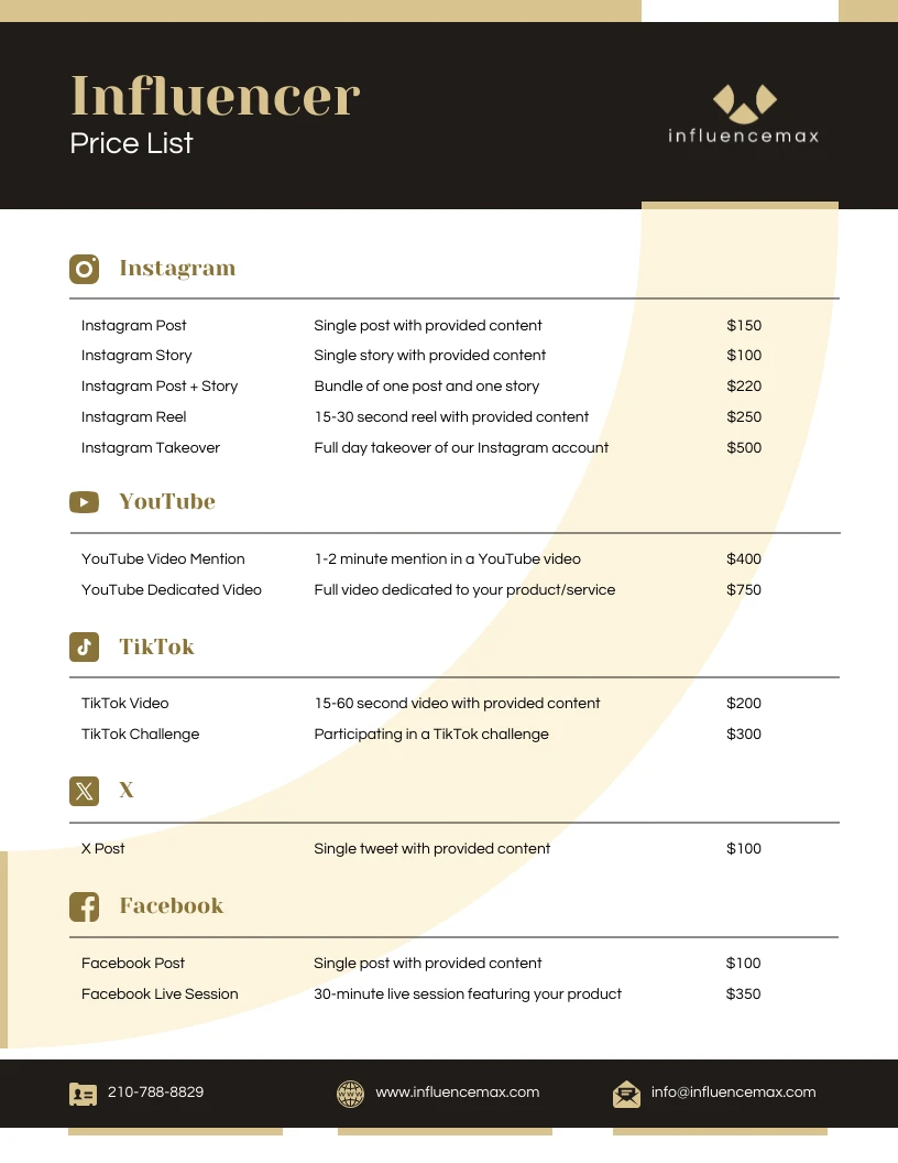 Influencer Price List Template - Venngage