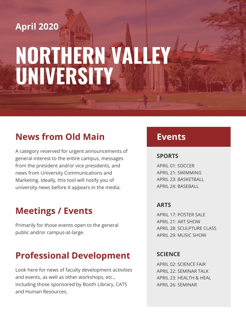 Red University Newsletter Example Template - Venngage