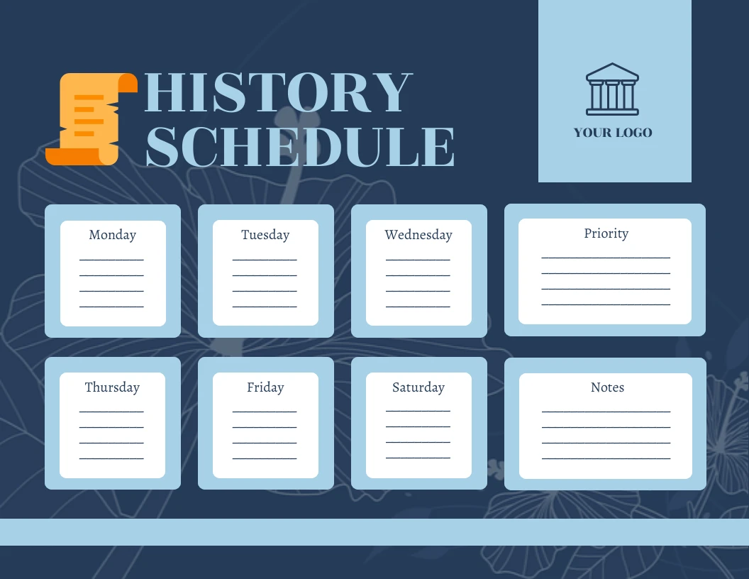 Dark Blue Simple Floral Outline History Schedule Template - Venngage