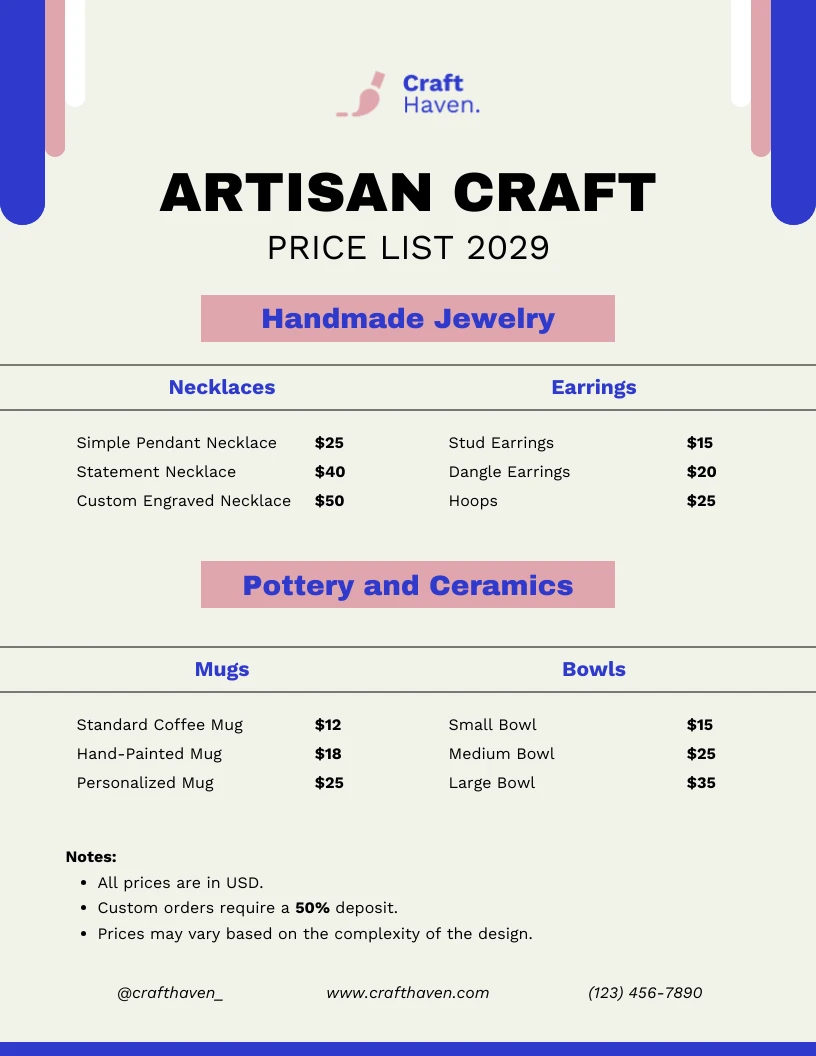 Artisan Craft Price List Template - Venngage