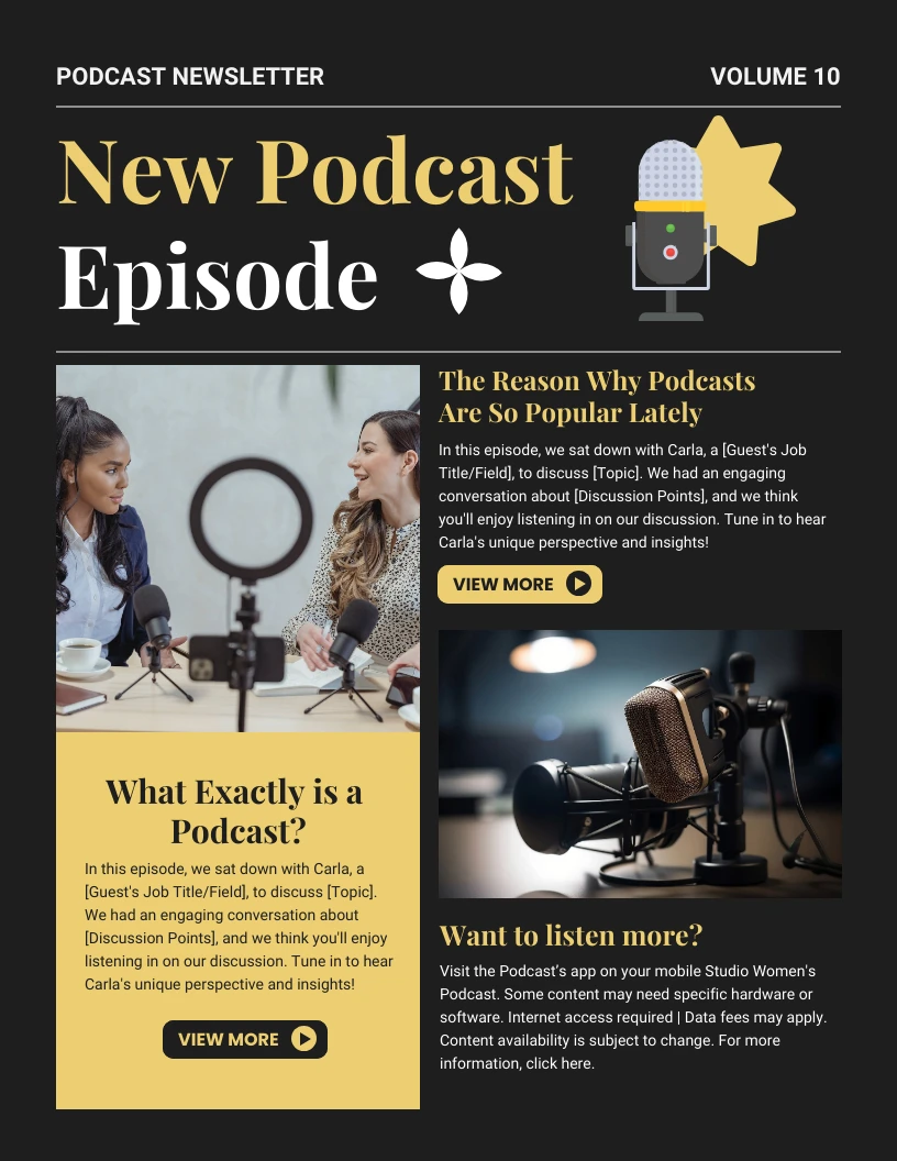 Black Yellow Podcast Episode Newsletter Template - Venngage