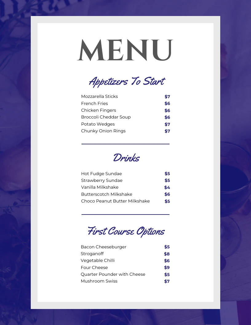 Menu français moderne esthétique de la marine - Venngage