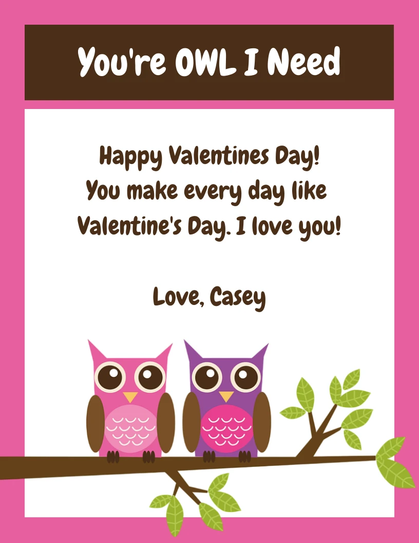 Pink Owl Couple Valentine's Day Card - Venngage