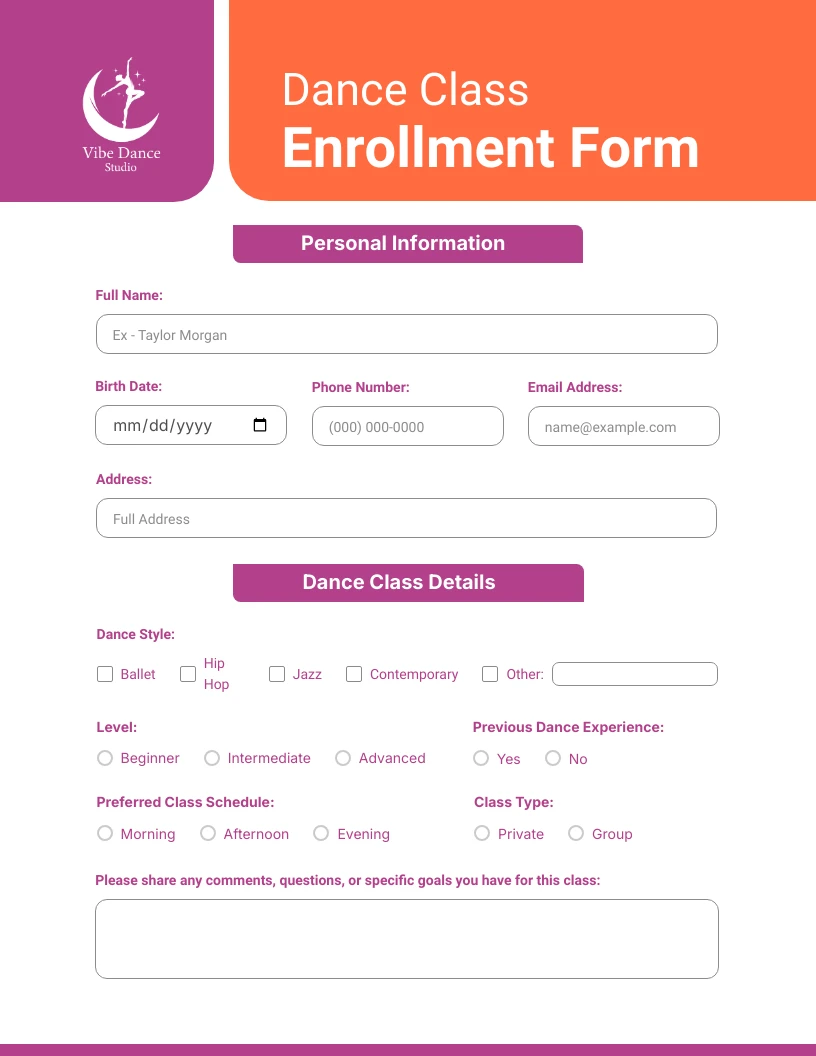Purple and Orange Simple Modern Shape Enrollment Forms - Venngage