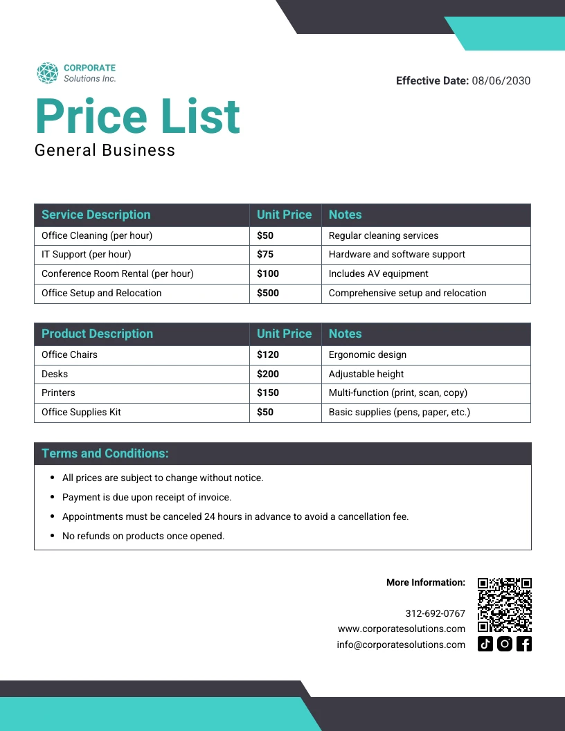 General Business Price List Template - Venngage