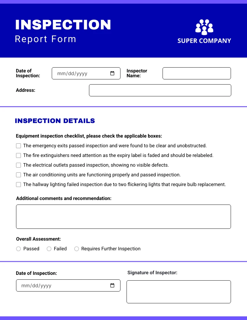 Clean Blue and Purple Inspection Forms - Venngage