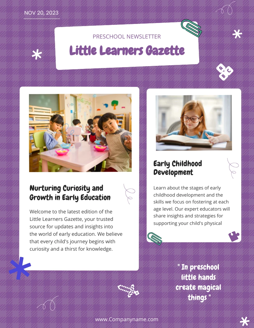 Purple Preschool Gazette Newsletter Template - Venngage