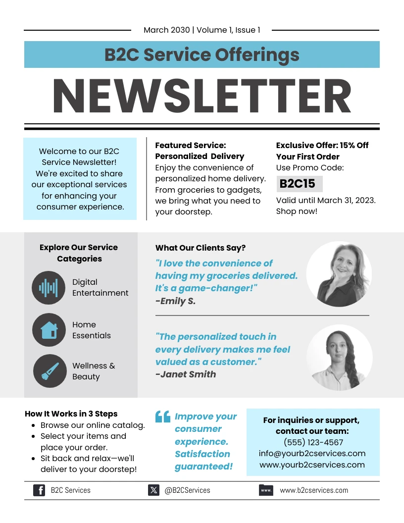 B2C Service Offerings Newsletter Template - Venngage