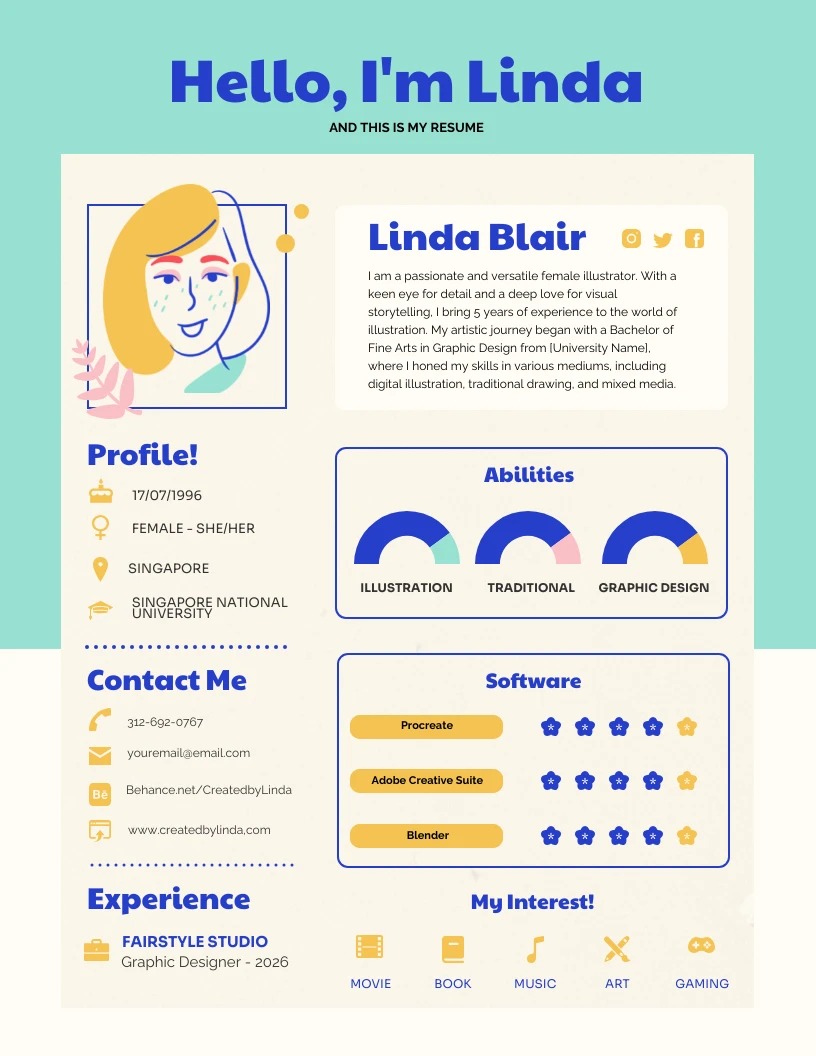 Colorful Cute Illustrator Infographic Resume Template - Venngage