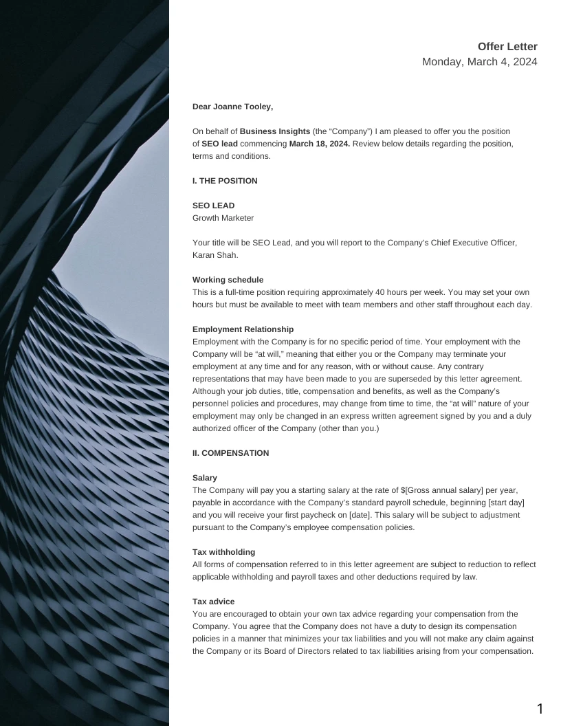 Minimalist Company Job Offer Letter Template - Venngage