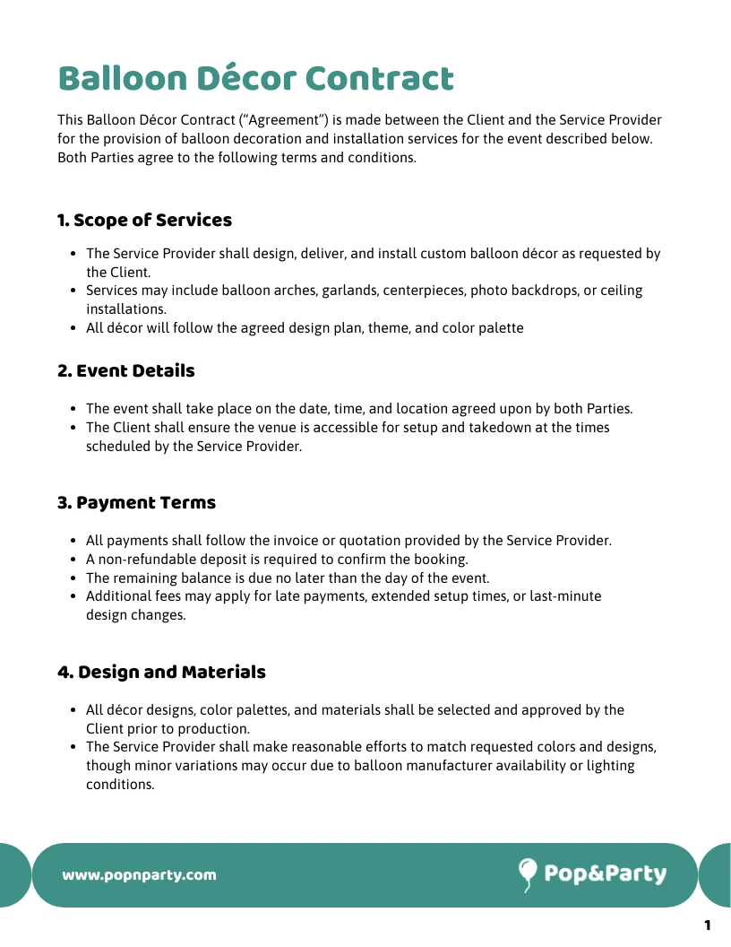 Balloon Decor Contract Template - Venngage