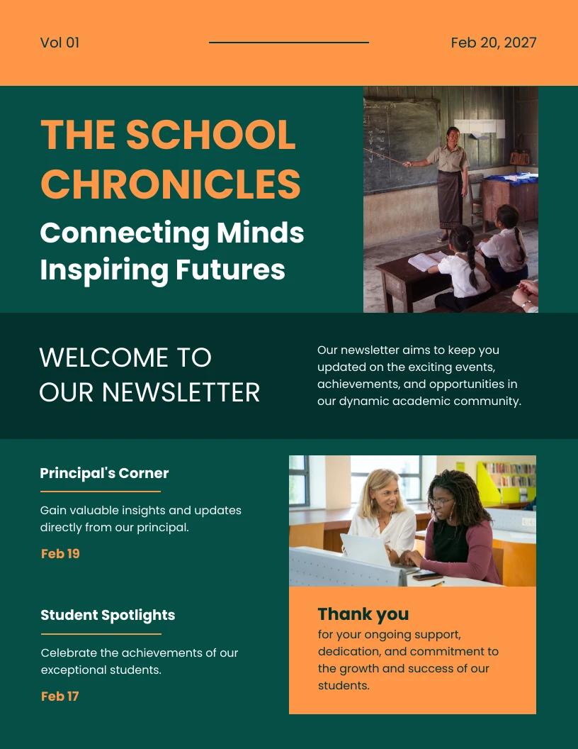 Modern Green Orange School Newsletter Template - Venngage