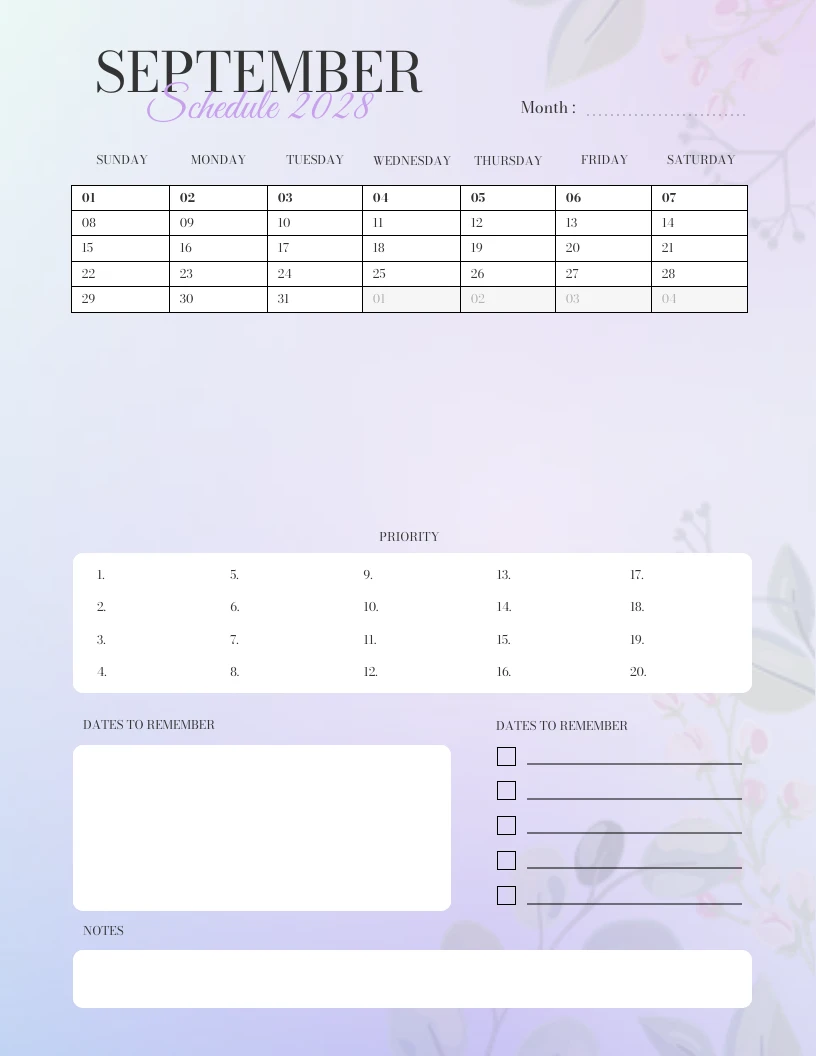 Gradient Purple September Schedule 2028 Flyer Template - Venngage